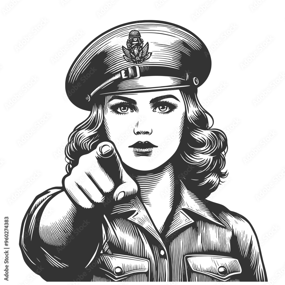 female soldier pointing directly at the viewer, classic military ...
