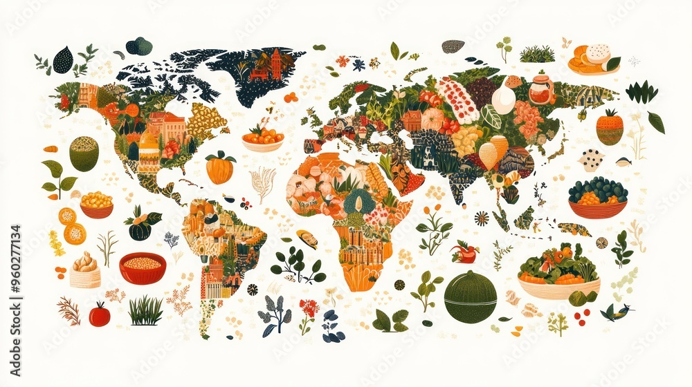 Colorful world map showcasing diverse foods and plants from regions ...