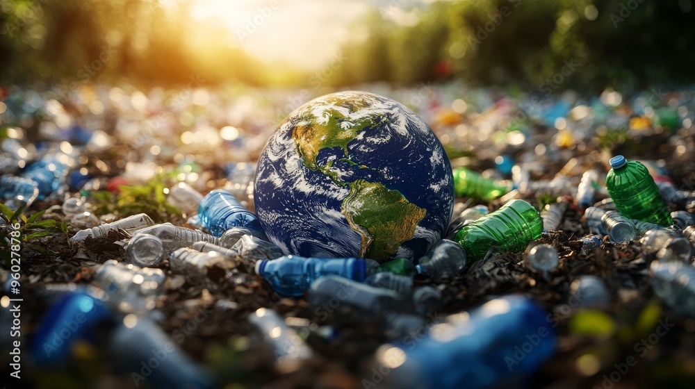 A realistic representation of Earth amidst a swirl of plastic waste ...