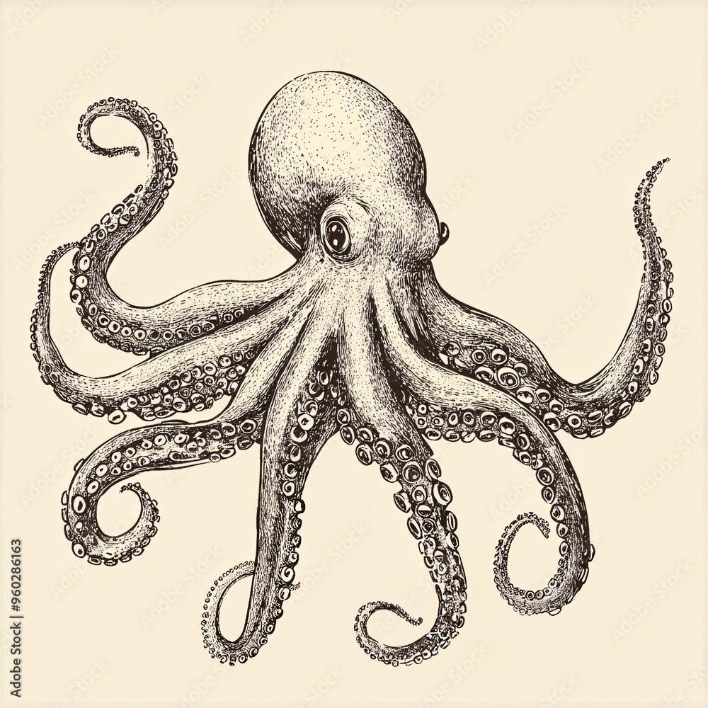 ntricate black and white hand-drawn illustration of an octopus with ...