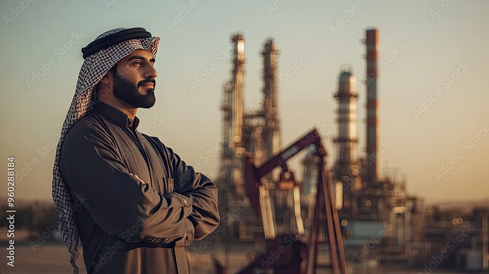 Man in traditional clothing stands near oil rigs. This image can be ...
