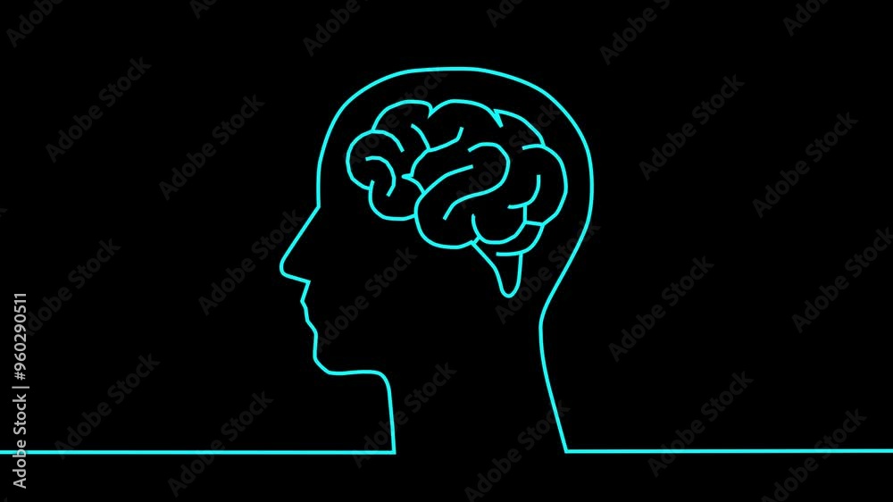 Brain and human head icon, Human head icon animation. Glowing cyan ...