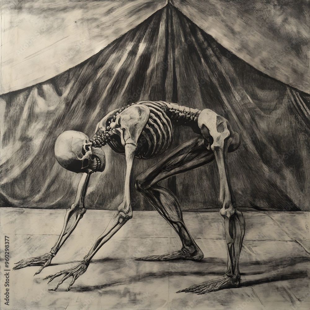 Skeletal Contortionist Acrobat Twisting in Dramatic Vintage Circus Tent ...