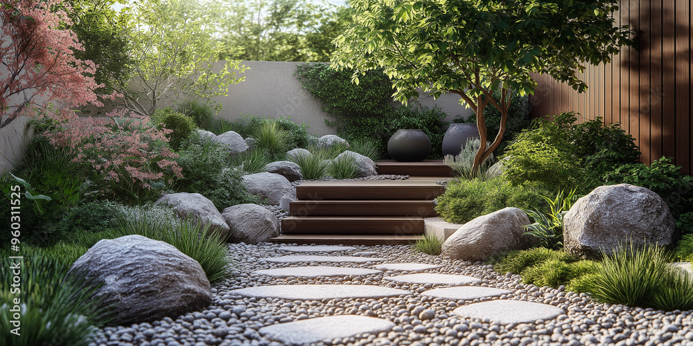 Stone Steps and Lush Greenery. A beautiful, natural-looking stone ...