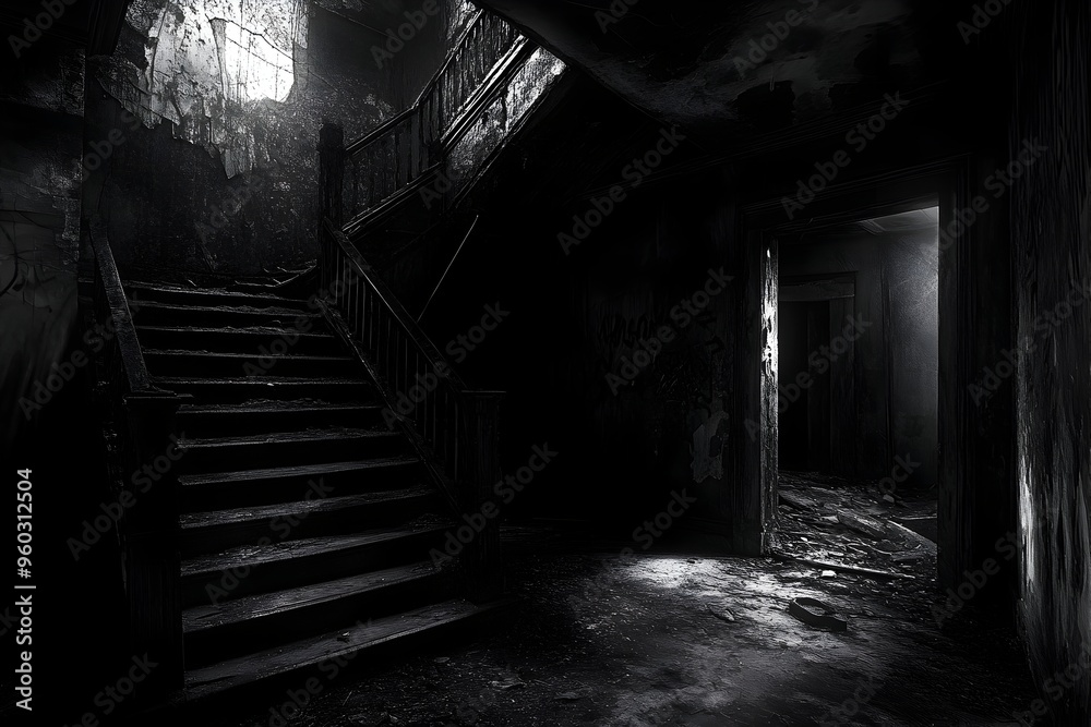 Sinister Secrets Unfold in Abandoned Dimly Lit Staircase Shrouded in ...