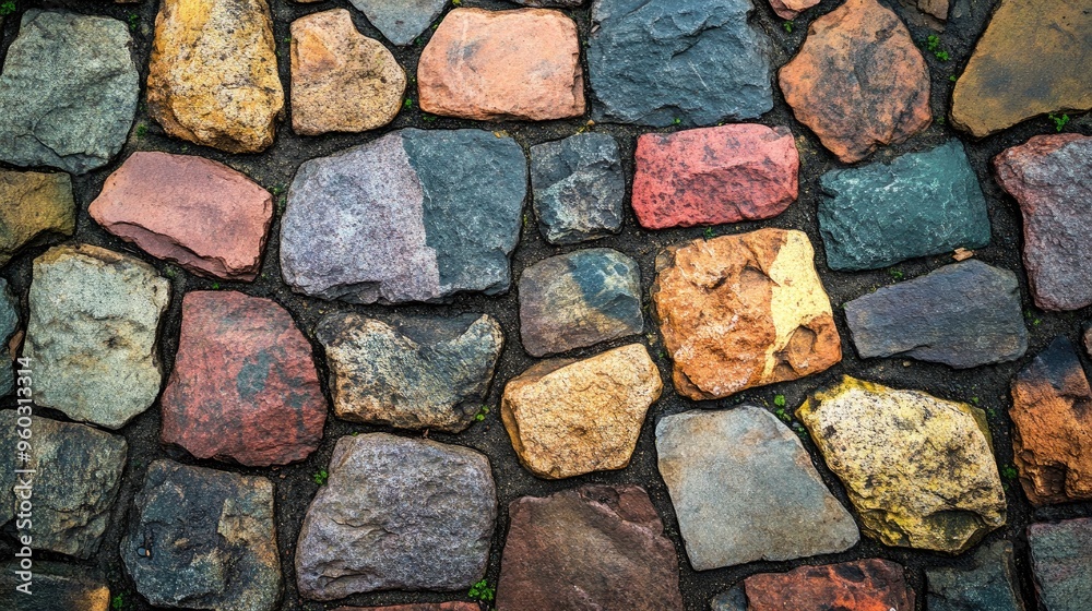 Stone pathway background with interlocking pavers in mixed sizes and ...