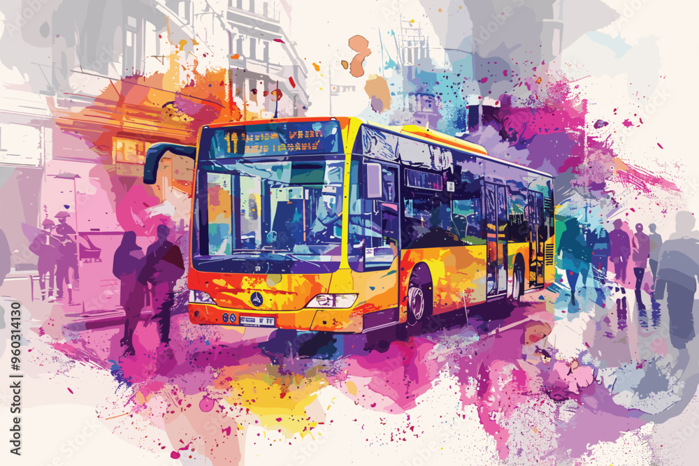 Watercolor drawing. Double-decker tourist bus passes towards the Red ...