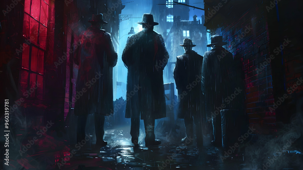 Shadowy figures of mafia members around a back alley meeting spot ...