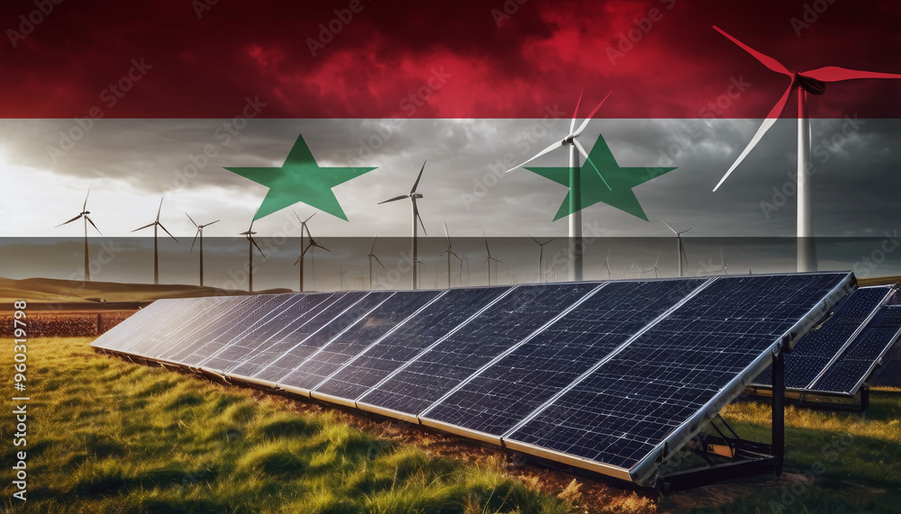 A field of solar panels and wind turbines with the Syria flag overlay ...