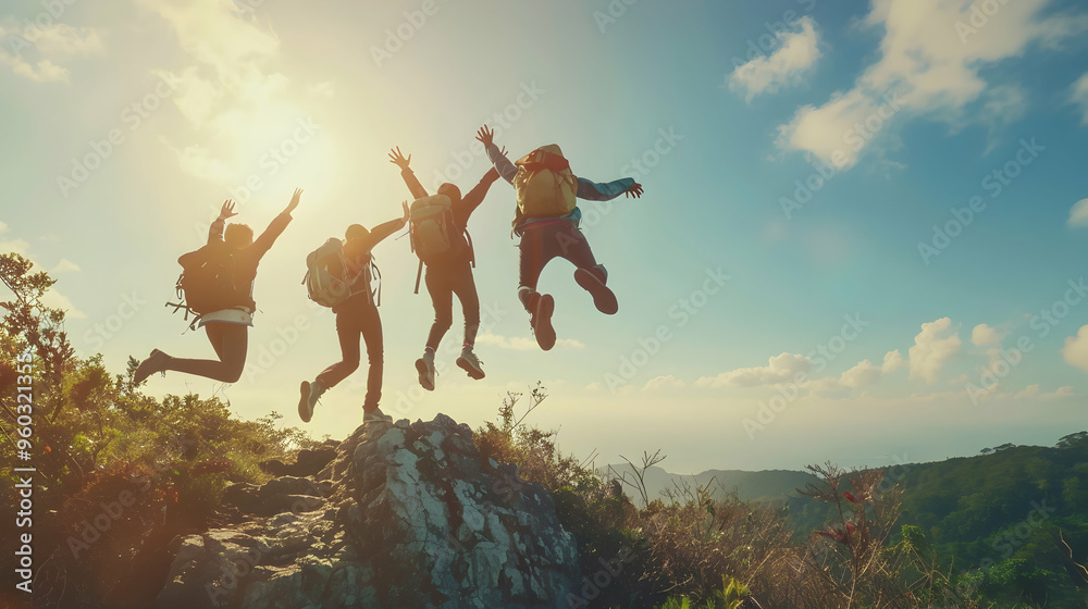 teenage adventure traveler trekkers group jumping together in mountain ...