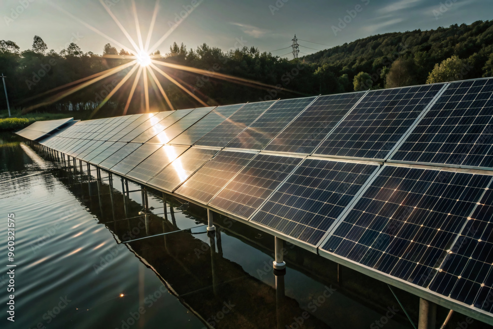 Solar panels installed above a reflective water surface, capturing ...