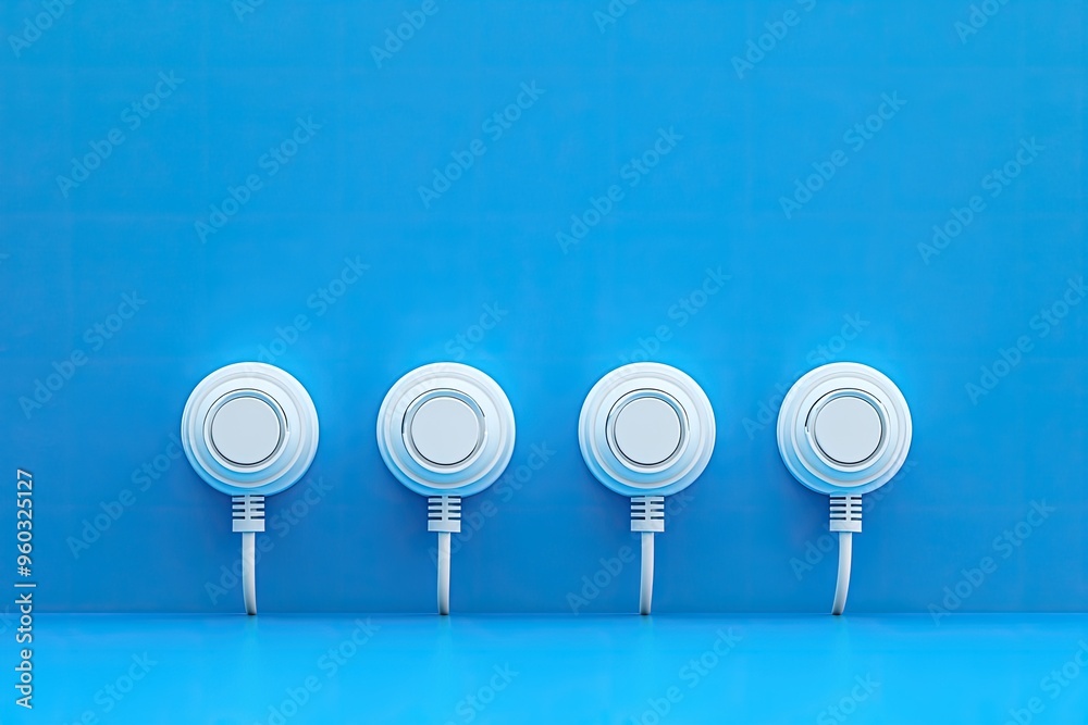 Four white electrical outlets on blue. This image depicts electrical ...