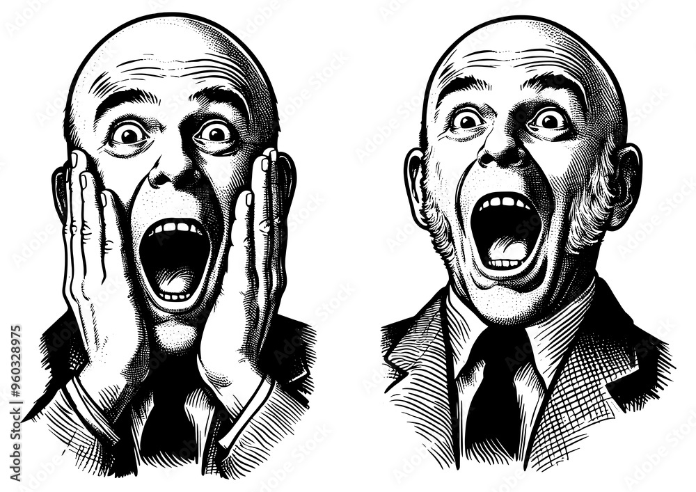 Excited happy surprised bald man screaming in shock exaggerated facial ...