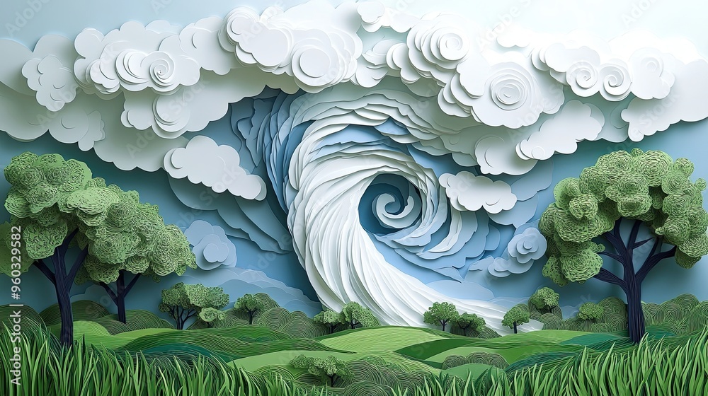 11. A 3D paper cut art of a tornado, with a swirling funnel cloud ...