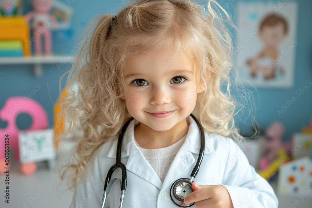 Adorable blonde toddler wearing doctor costume and stethoscope smiles ...