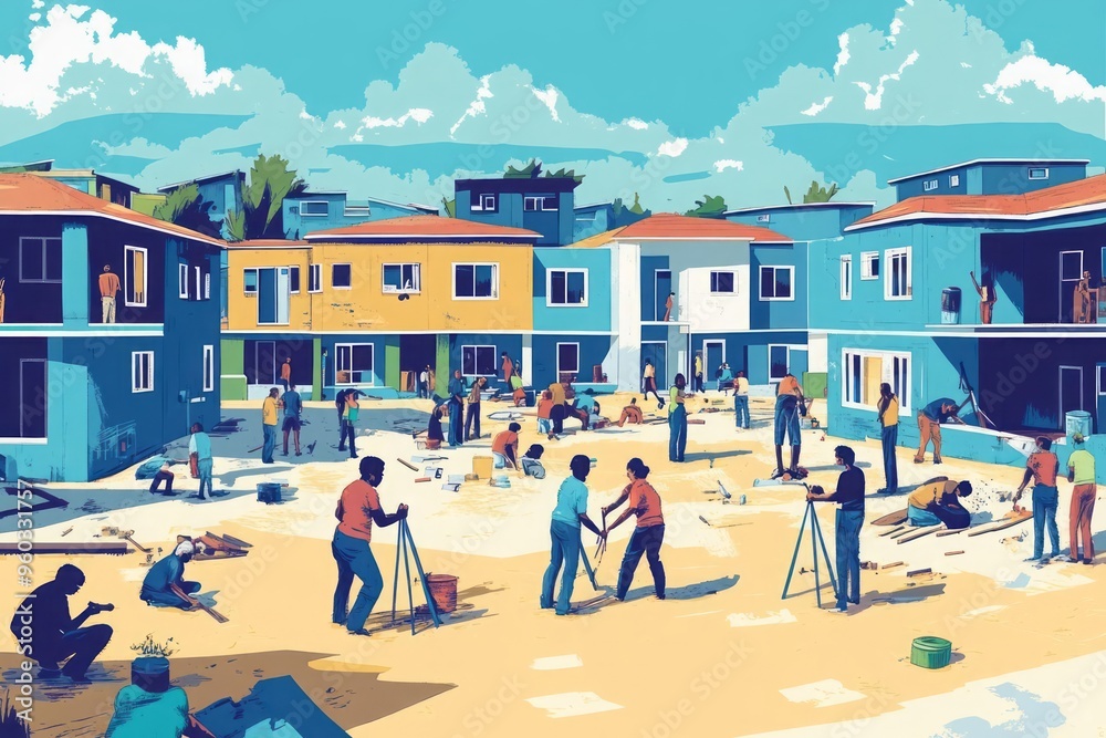 Cooperative housing, residents build homes, community spirit Stock ...