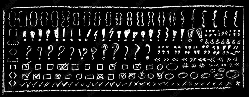 Set of children hand drawn crayon text symbols. Collection of white ...