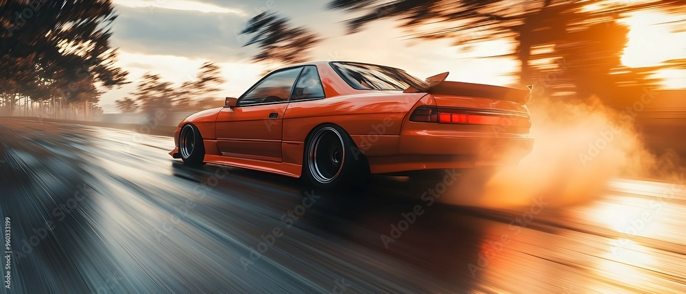 A high performance tuned sports car drifting skillfully through a ...