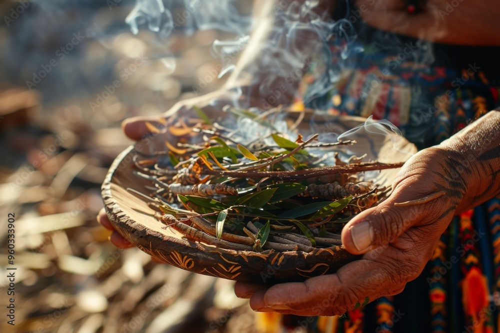 A close-up of hands holding a wooden bowl with sacred herbs and smoke ...