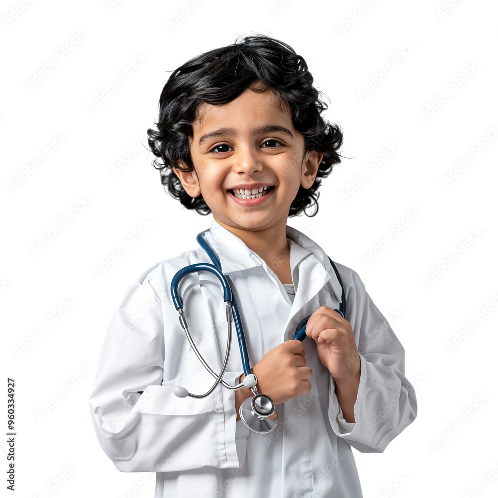 Portrait of a smiling young boy dressed as a doctor, wearing a white ...