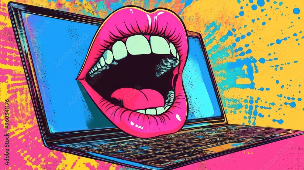An artistic portrayal of a vibrant laptop with a large mouth graphic ...