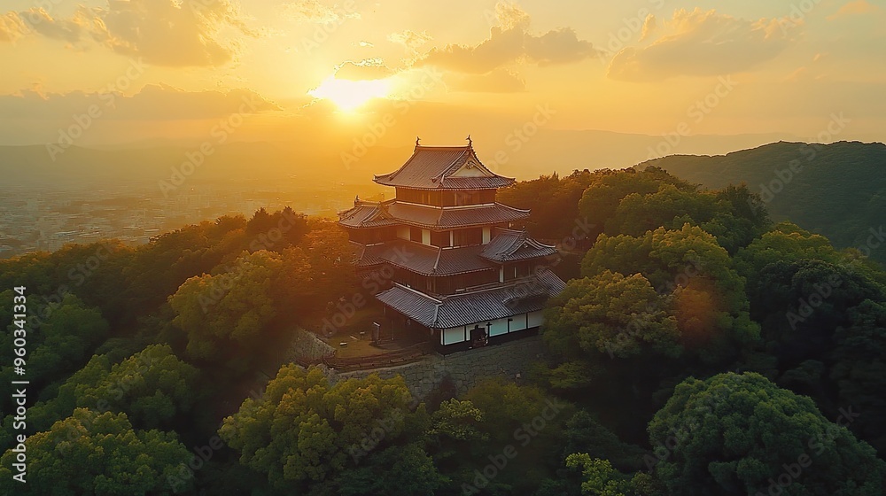 8. A majestic Japanese castle perched on a hilltop, surrounded by a ...