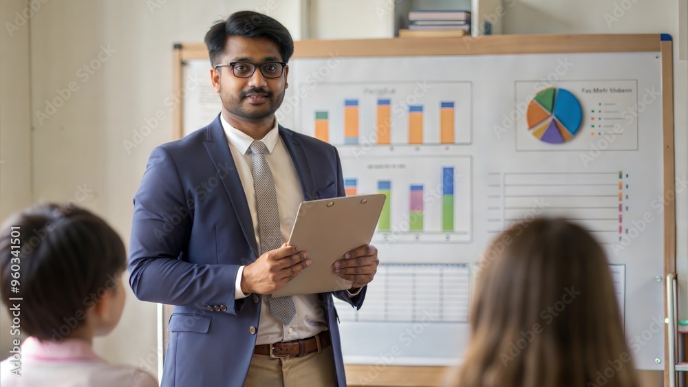 An Indian teacher using visual aids such as charts and diagrams to ...