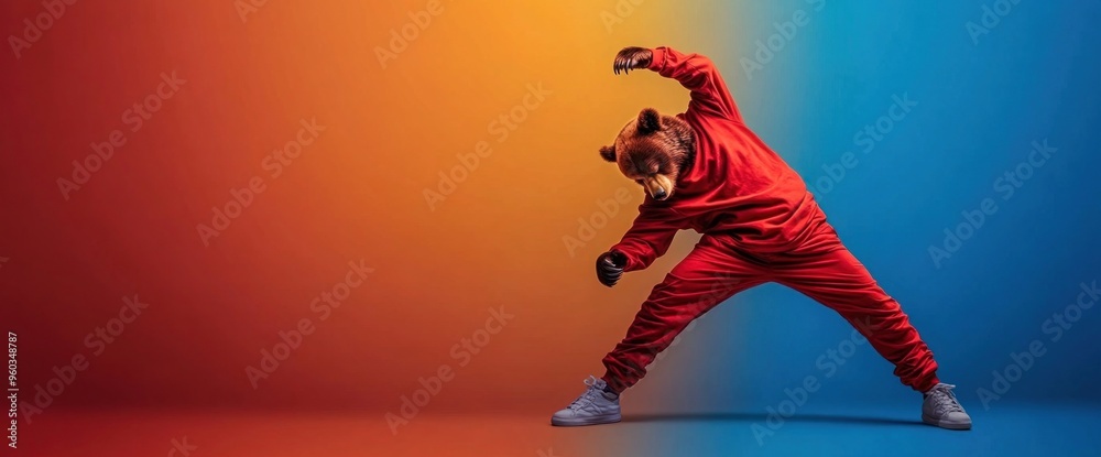 Breakdancing bear in an EDM digital environment, dynamic pose, glowing ...