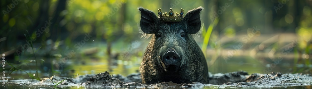 Wild boar in muddy swamp, forest background. Natural wildlife scene ...
