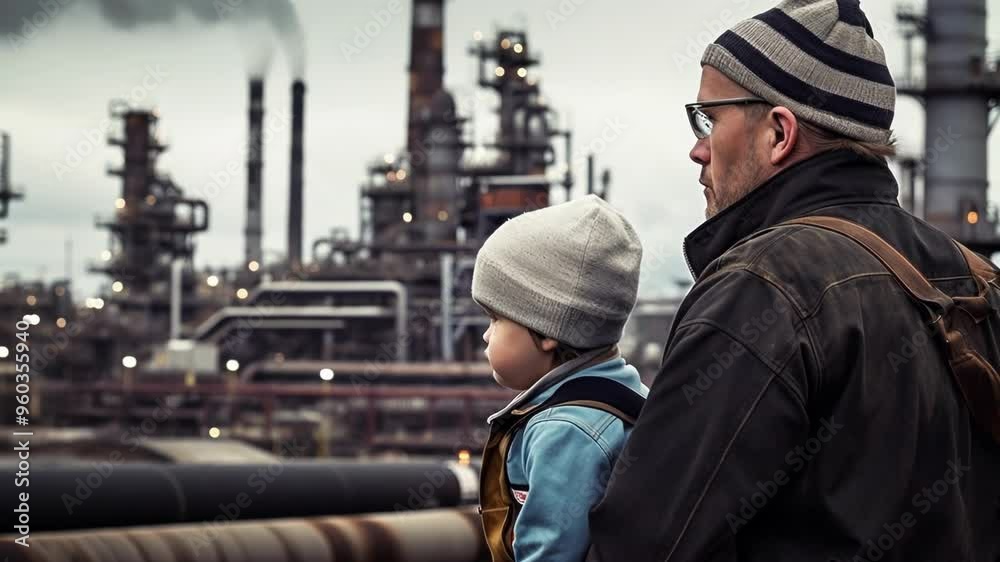 Father holds his son, both looking concerned at an industrial landscape ...