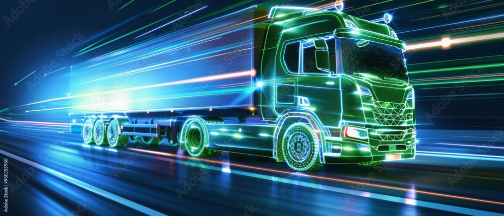 Digital green high-speed truck in low poly wireframe, the future of ...