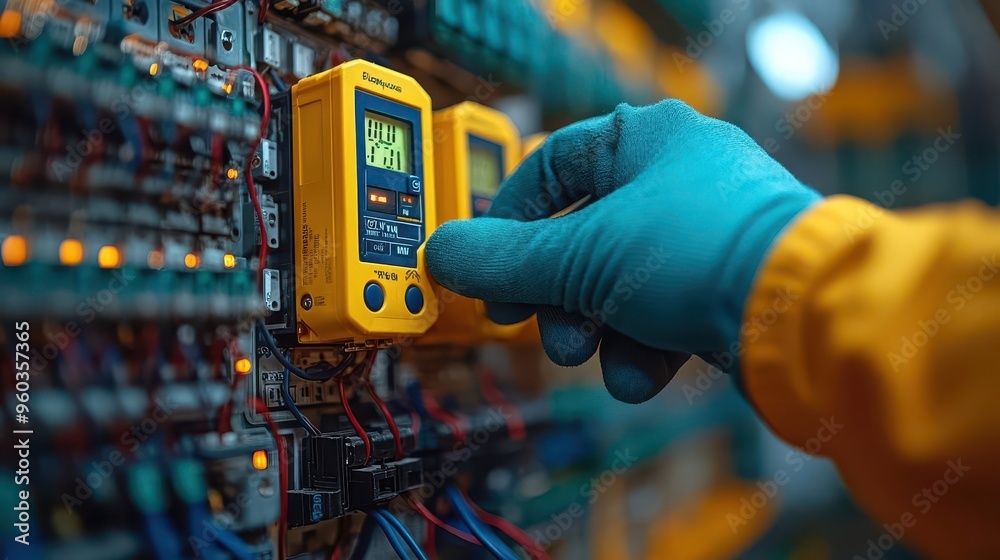 electrical maintenance closeup of gloved hands using a voltmeter to ...