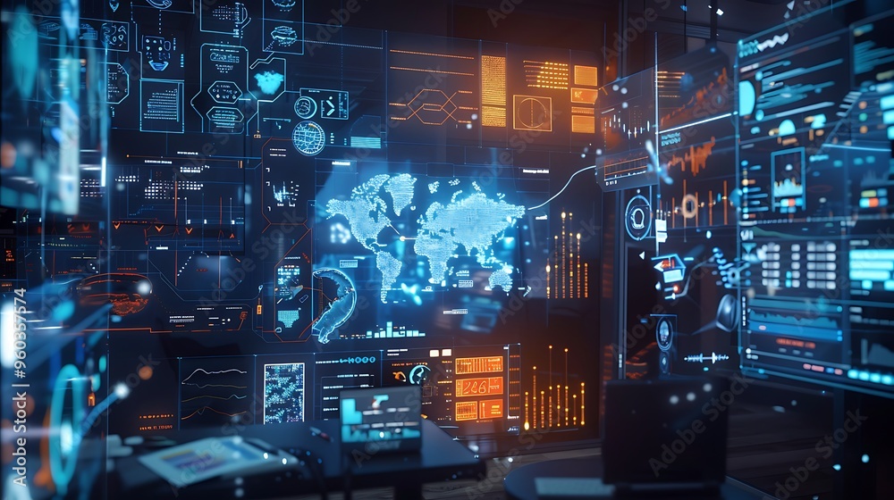 AI-driven augmented reality interface with floating data charts and ...