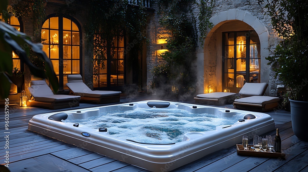 A glamorous nighttime hot tub surrounded by elegant lighting and plush ...