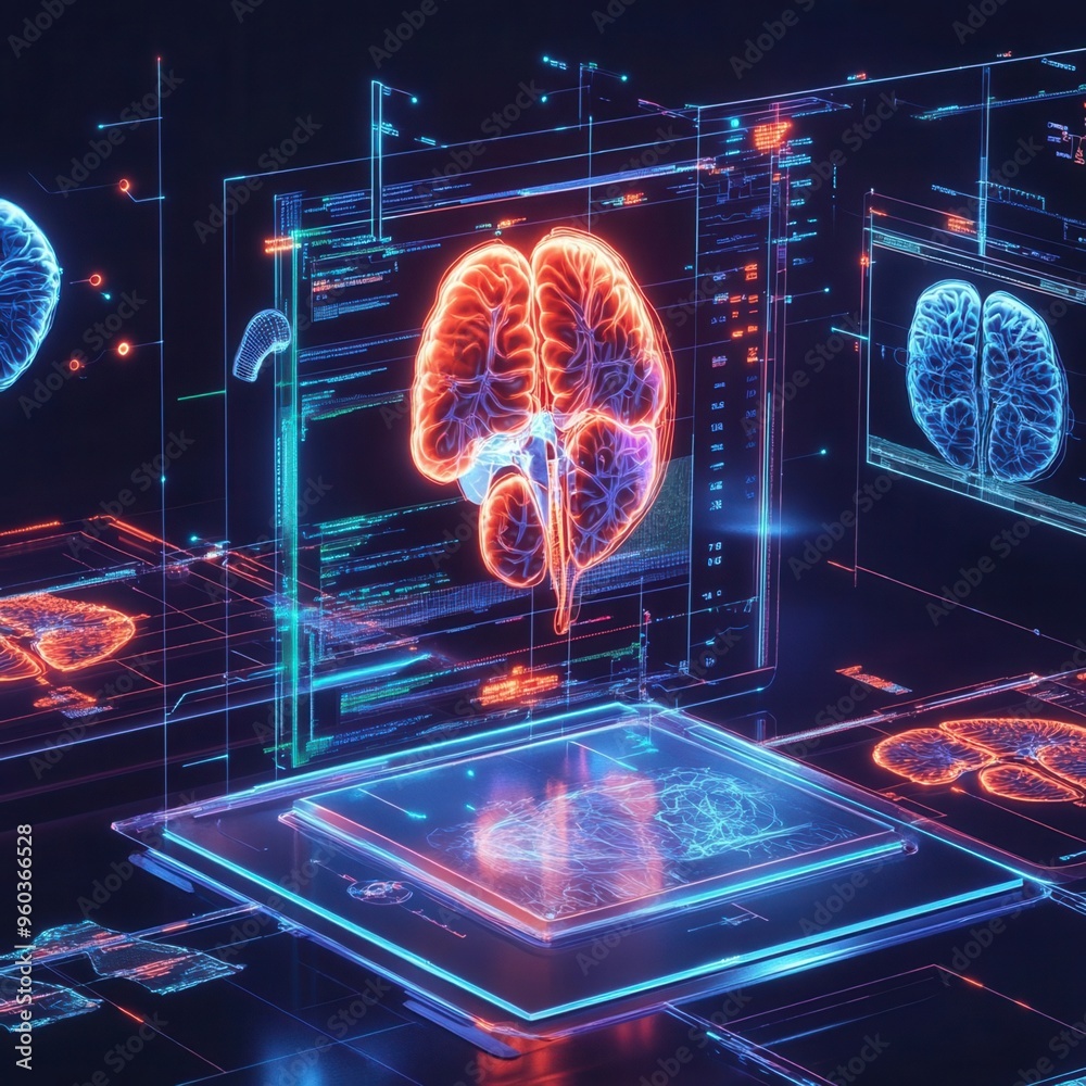 Illustration of AI-enhanced medical imaging, where multiple scans like MRI, X-ray, and patient ...