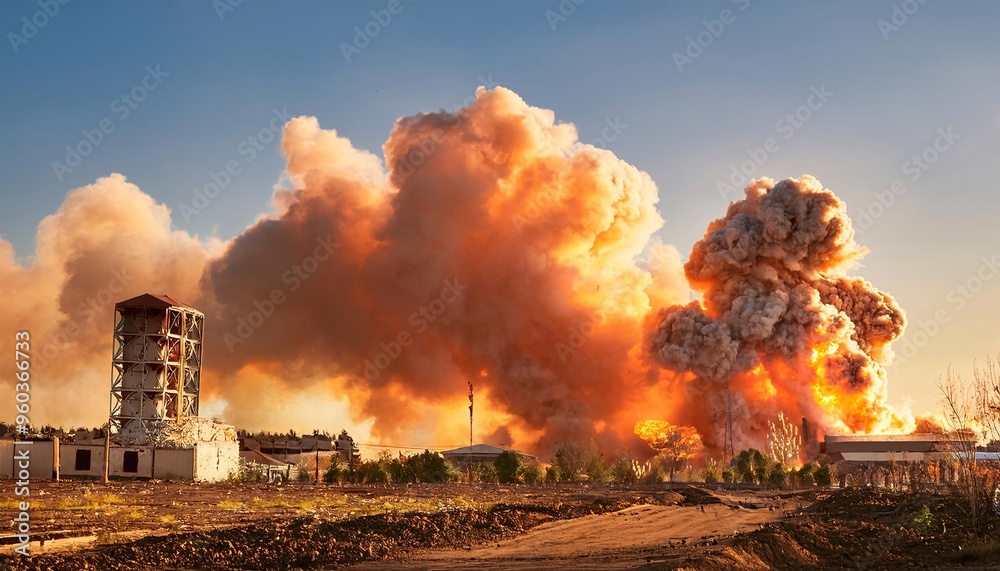 An industrial disaster with toxic smoke billowing from a factory ...