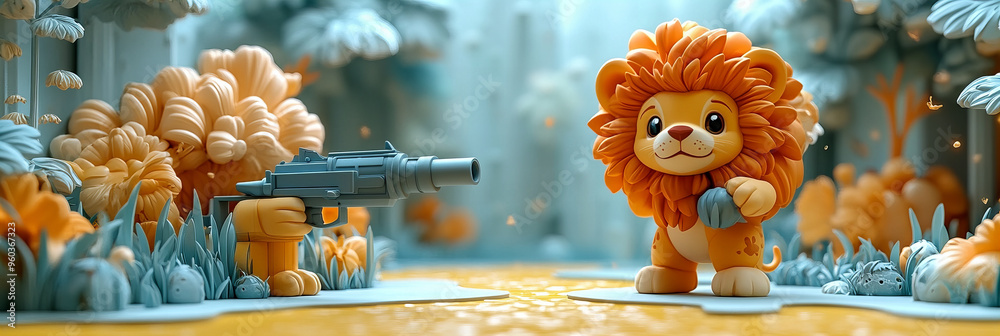 Cute lion cub in a playful standoff with a toy hunter gun in whimsical ...