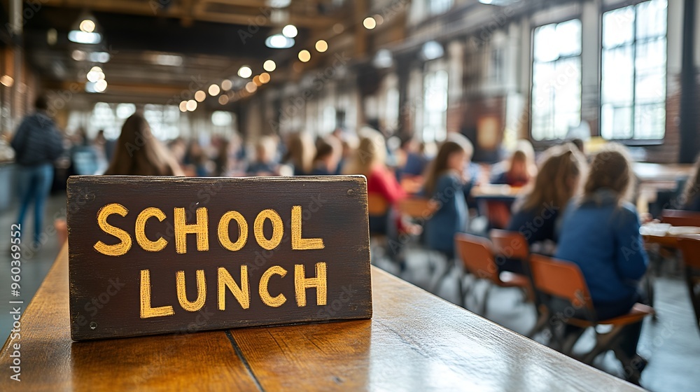Sign that reads “SCHOOL LUNCH” - blurred background - school cafeteria ...