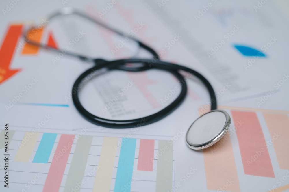 This image showcases a stethoscope resting atop various health charts ...