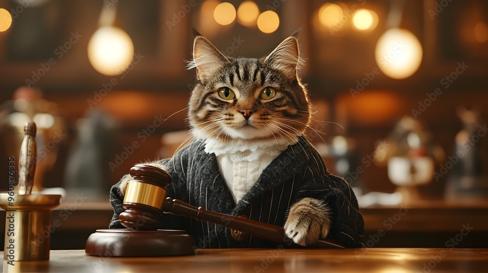 Surreal Portrait of a Feline Judge Wielding a Gavel in a Professional ...