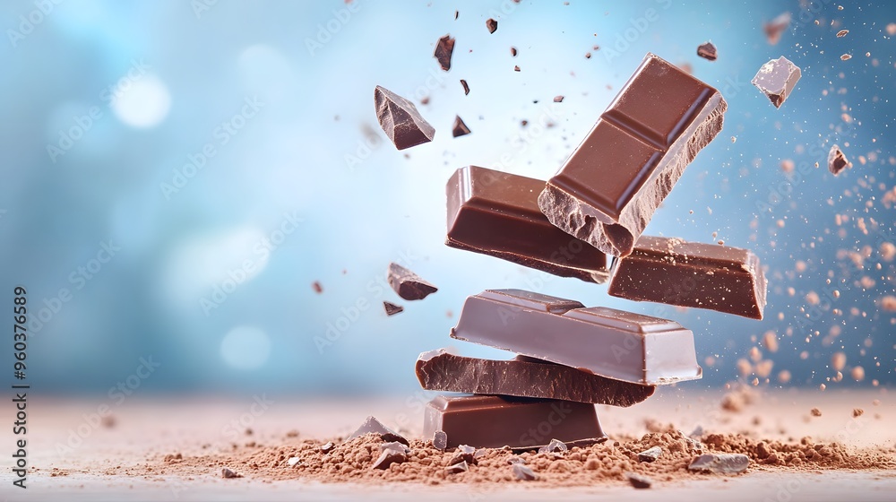 Chocolate bars falling and breaking in mid-air, with chunks and cocoa ...