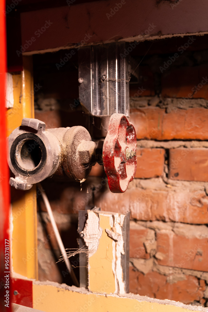 Red valve and pipe installation in a brick wall during renovation work ...