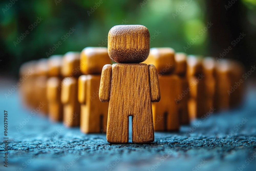 Wooden Figurines: A single wooden figure stands tall, facing away from ...