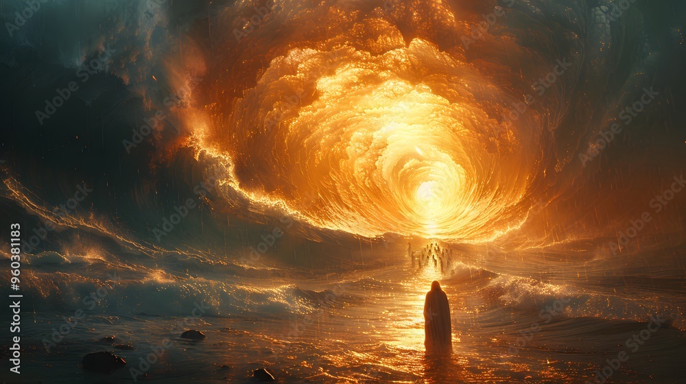 Create a dramatic image of Moses parting the Red Sea, with the dry path ...