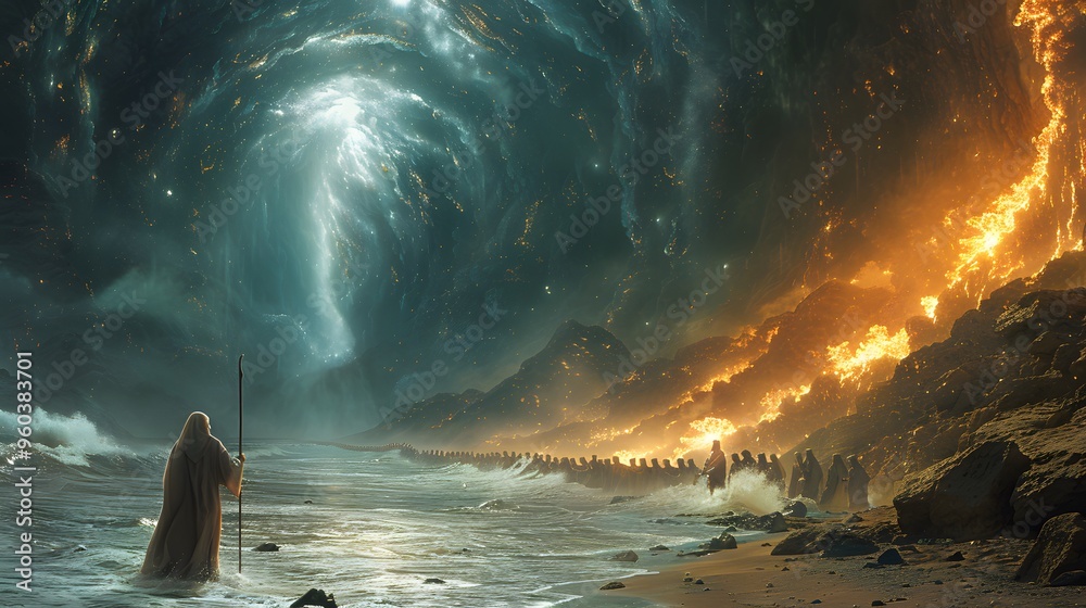 Depict Moses standing confidently with his staff raised, leading the ...