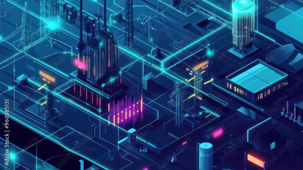 An illustration of automated power grid components with digital sensors ...