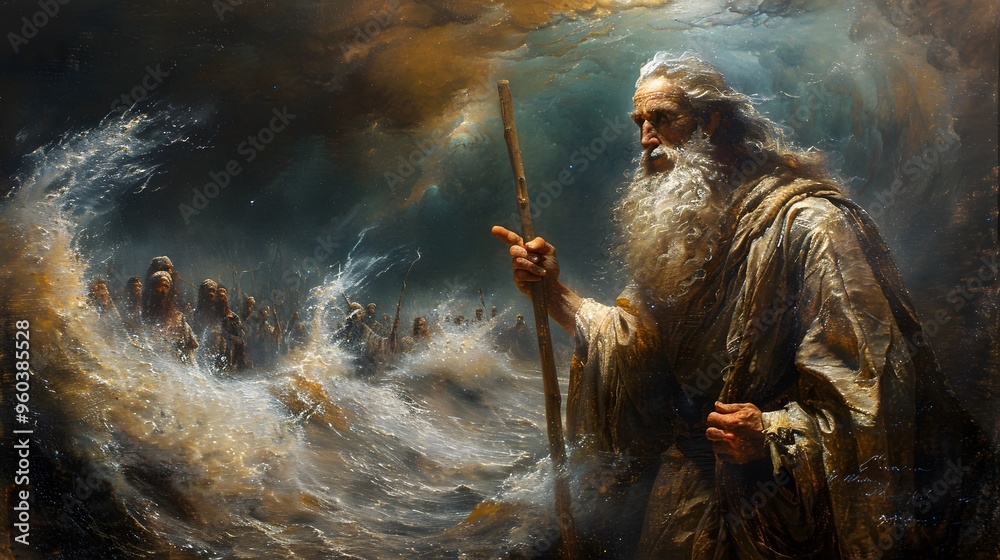 Depict the moment of triumph as Moses, standing at the helm with his ...