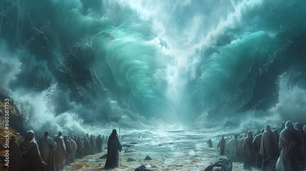 Illustrate Moses standing strong at the helm, the Red Sea opening wide ...