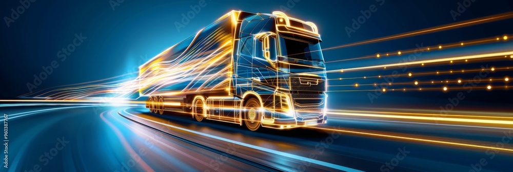 Digital gold high-speed truck in low poly wireframe, the future of ...