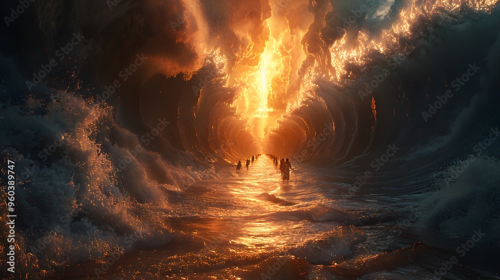 Illustrate the moment of faith as Moses, with his staff raised, leads ...